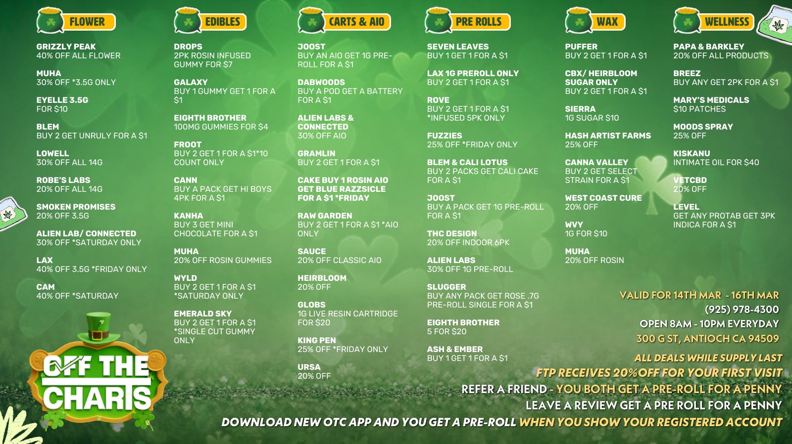 Shamrock Specials! FTP25%off at Off The Charts - Antioch | Weedmaps