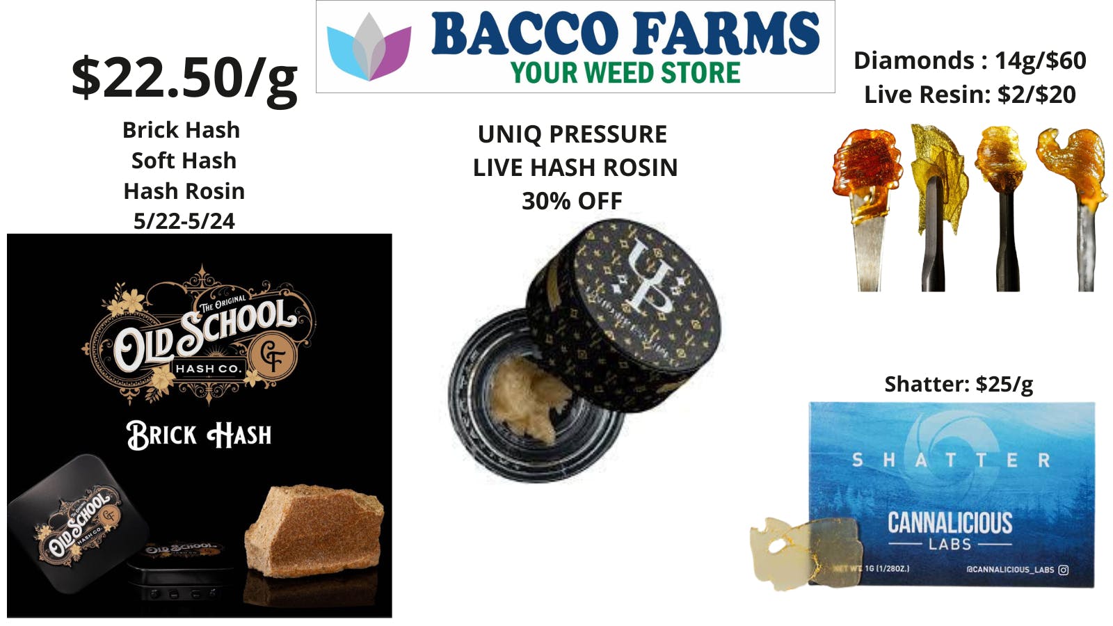 Live Hash Rosin, Brick Hash, & more at Bacco Farms | Weedmaps