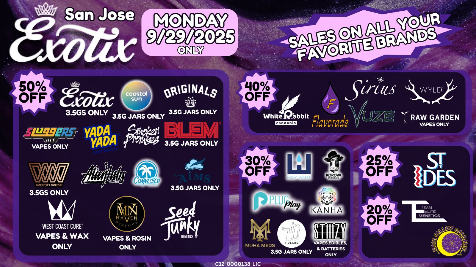 9/29/25 (50% - 40% - 30% OFF) EXOTIX SAN JOSE at Exotix Weed Dispensary ...
