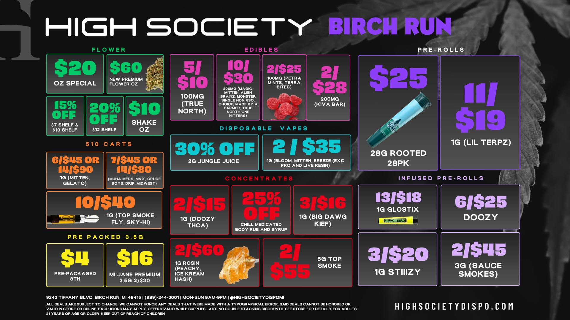Weekly Deals at High Society Weed Dispensary Outer Birch Run | Weedmaps