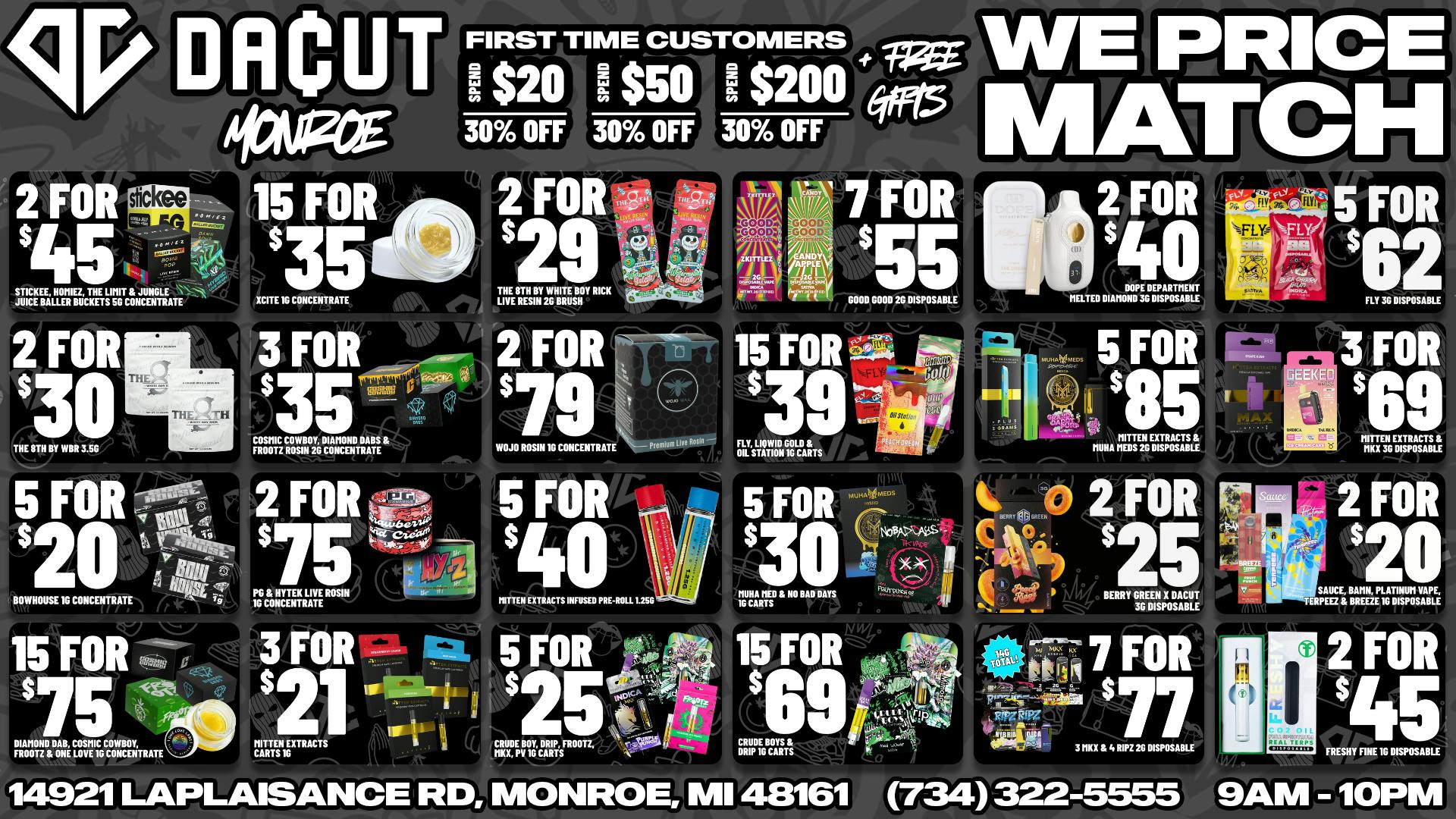 15/$75 Concentrates, 7/$77 Disposables + More! at DACUT - Monroe | Weedmaps