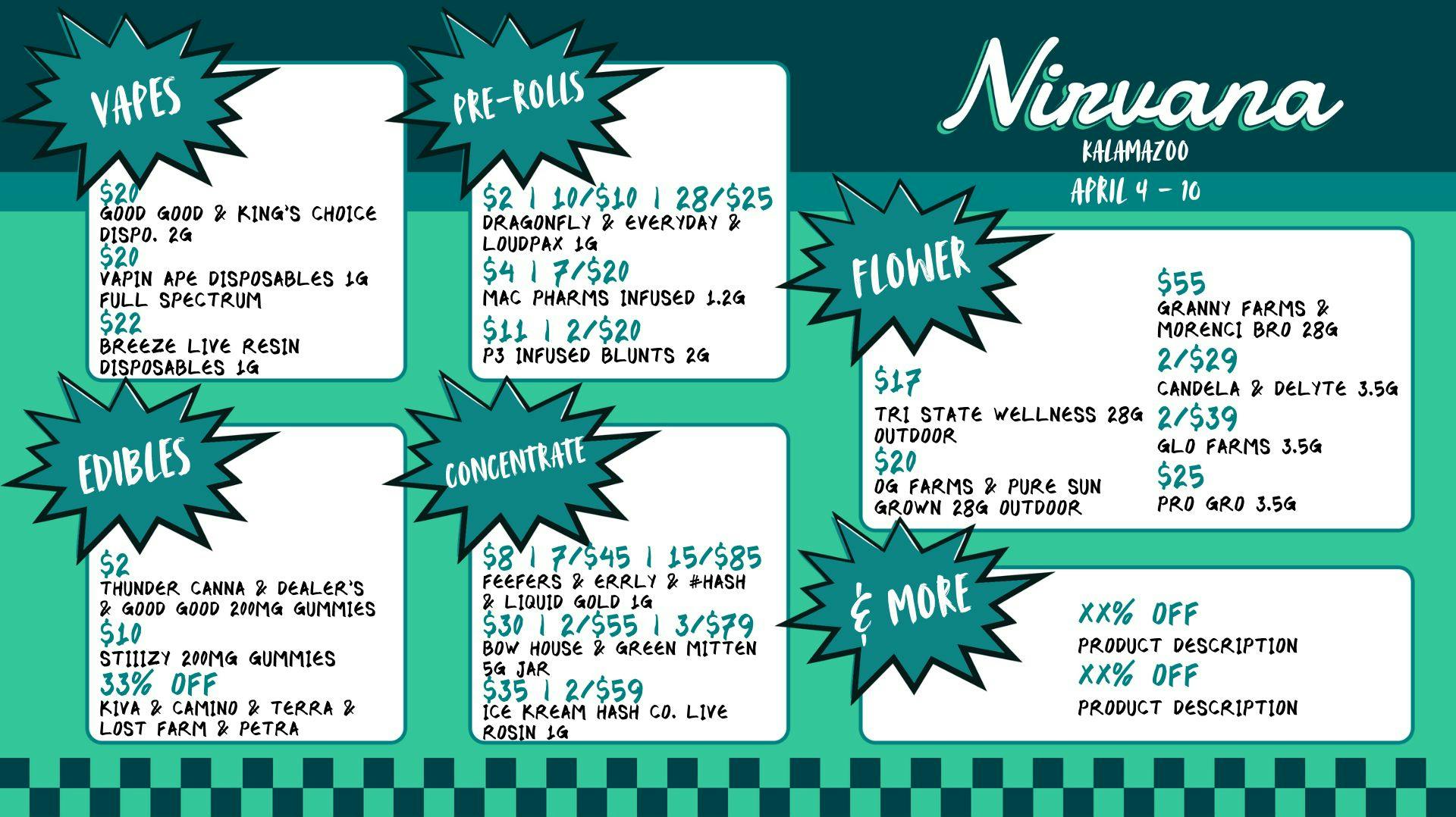 KZ Daily Deals March 28-April 3 at Nirvana Center - Kalamazoo | Weedmaps