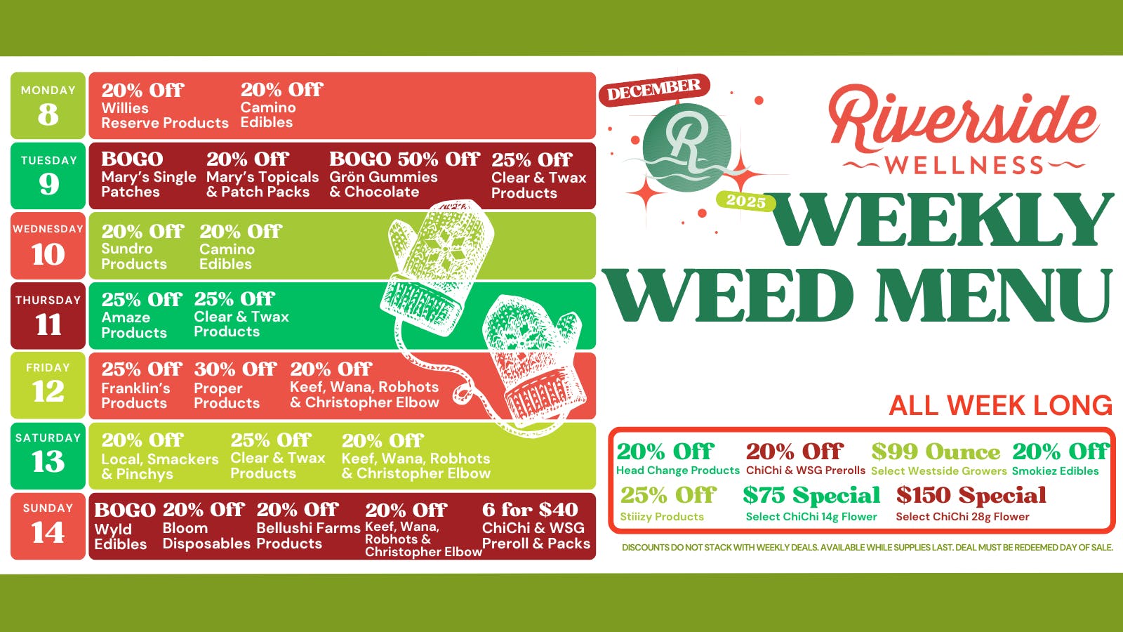 WEEKLY WEED MENU 12/15-12/21 at Riverside Wellness | Weedmaps