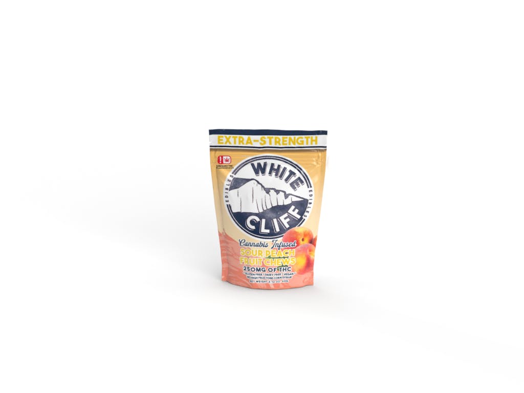 White Cliff Peach Sour THC Fruit Chews 250mg, 10, 25mg Pieces - White Cliff