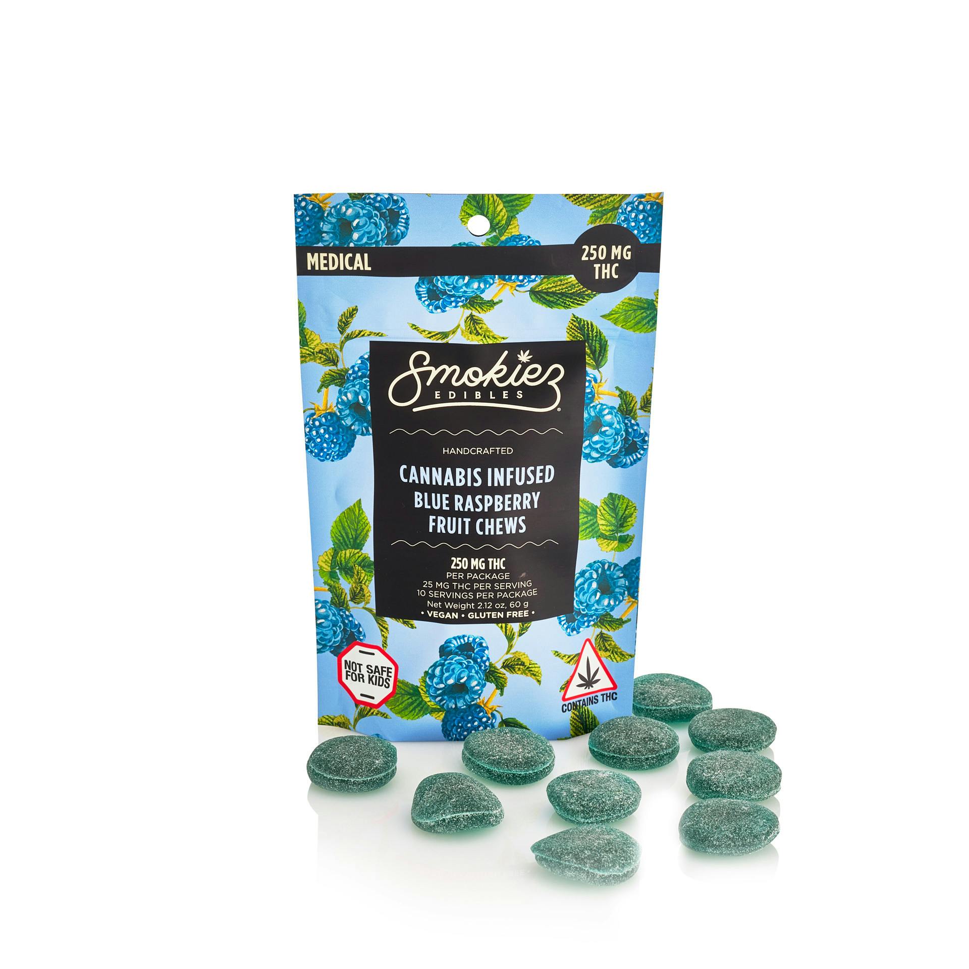 Blue Raspberry Fruit Chews - 250mg THC - MA - Smokiez Edibles