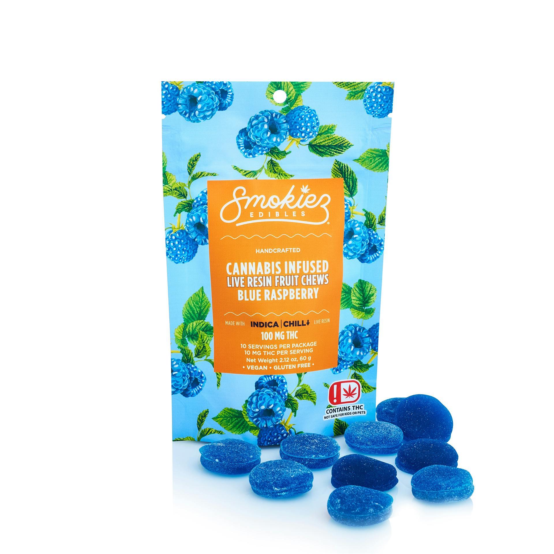 Blue Raspberry Indica 100mg Live Resin Fruit Chews - OK - Smokiez Edibles