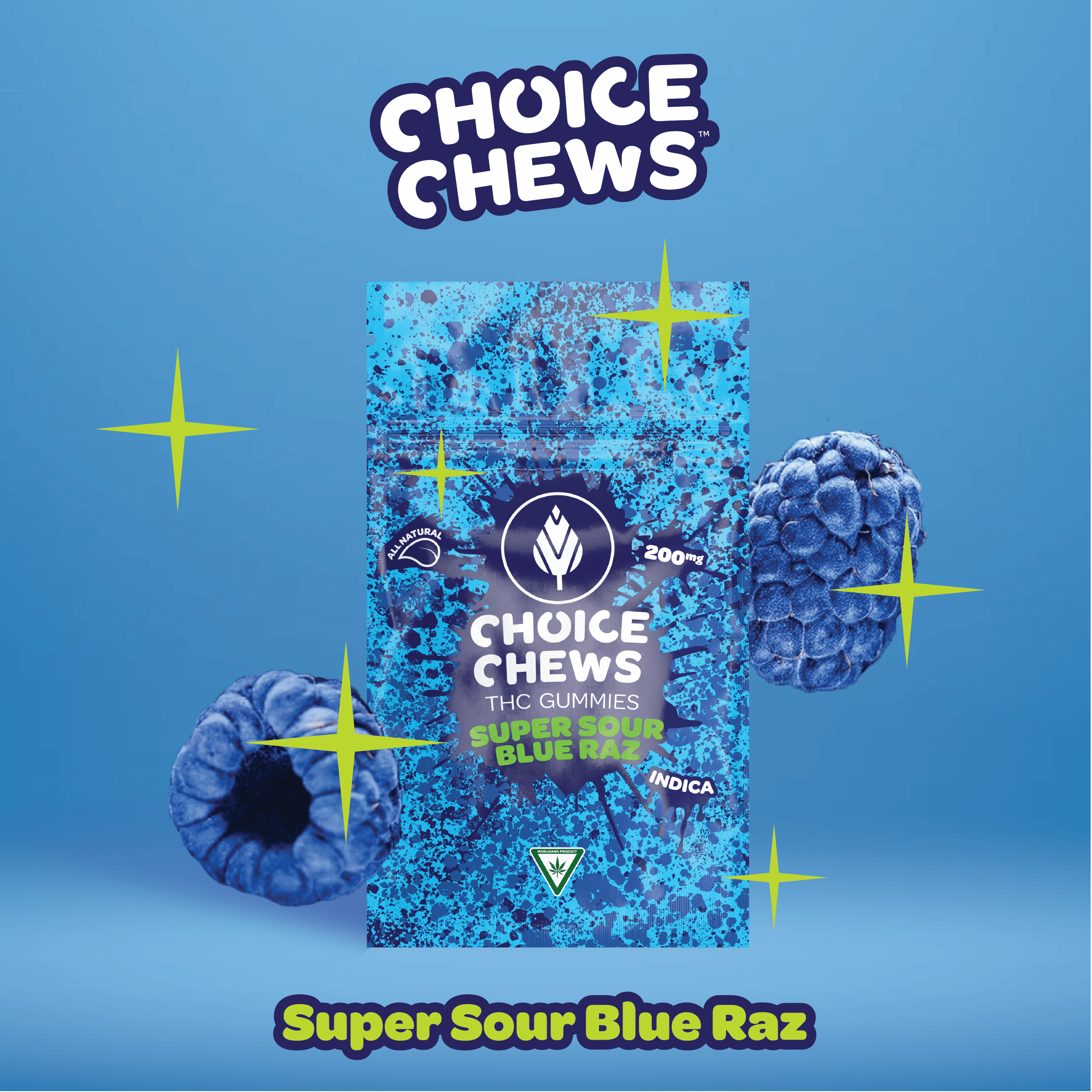 Choice Chews - Super Sour Blue Raz Gummies (Indica) - 200mg - Choice Chews