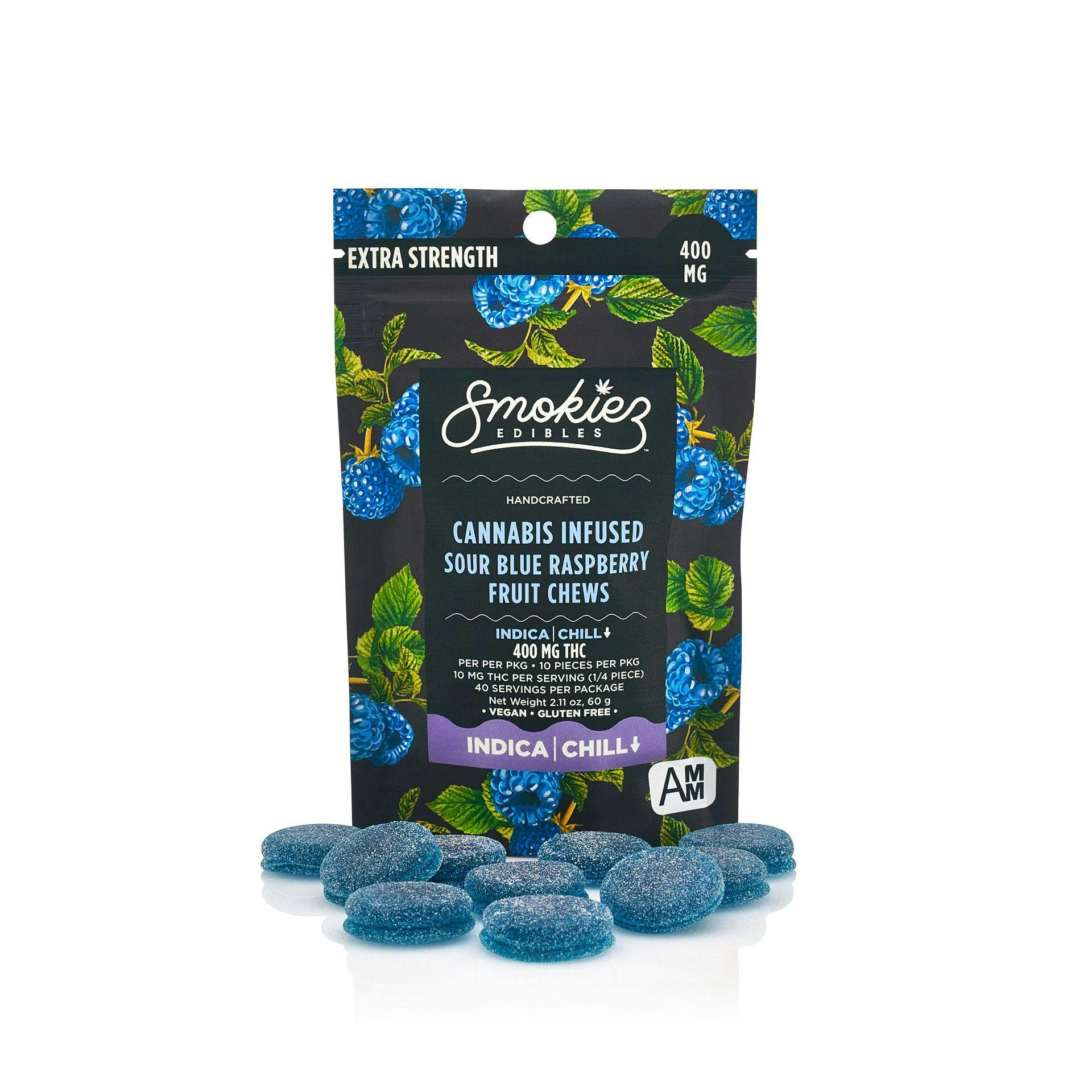 EXTRA-STRENGTHSour Blue Raspberry Indica400mg THC Fruit Chews - Smokiez ...