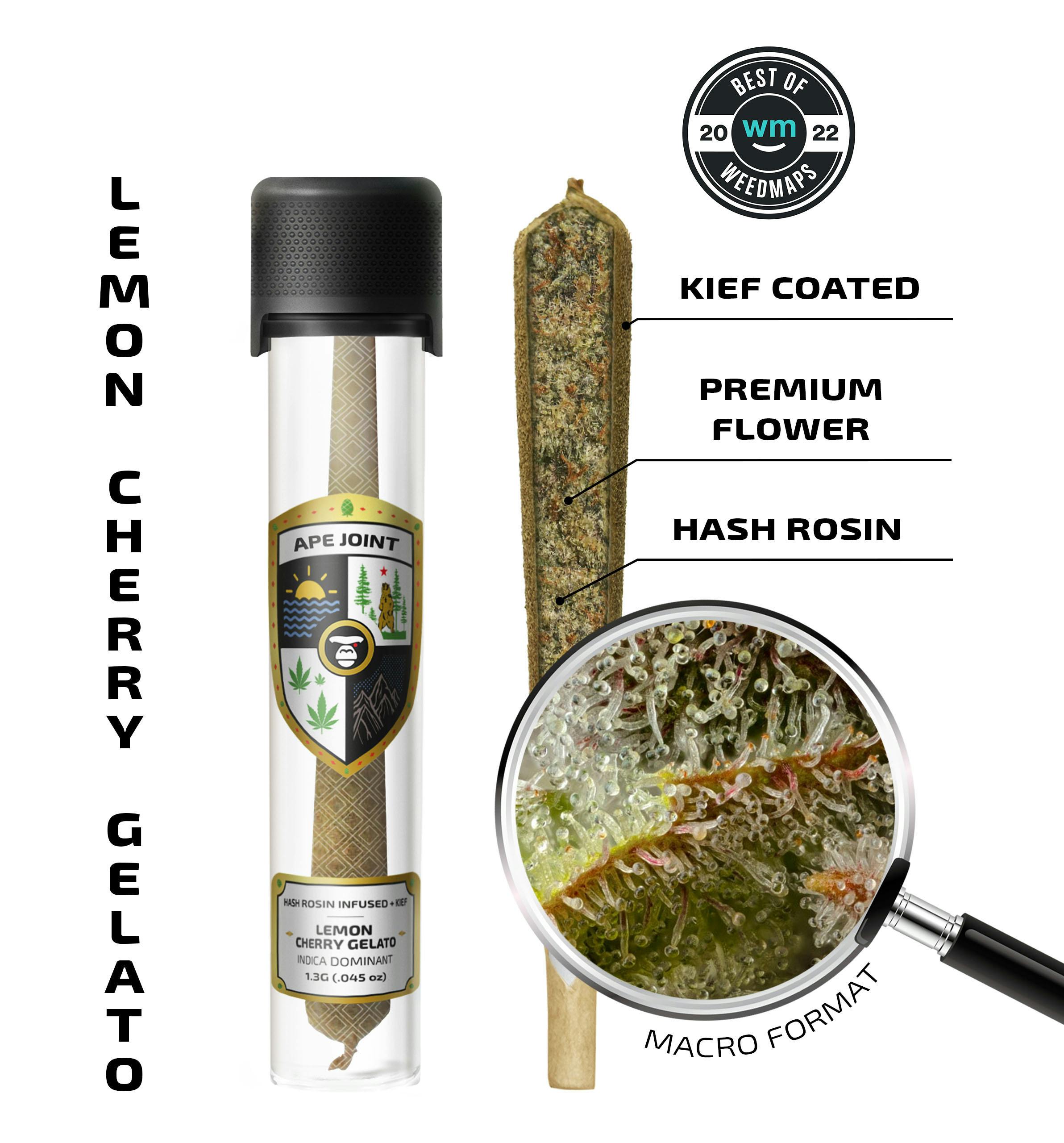LEMON CHERRY GELATO – Prerolls Hash Rosin Infused + kief 1.3g - APE ...