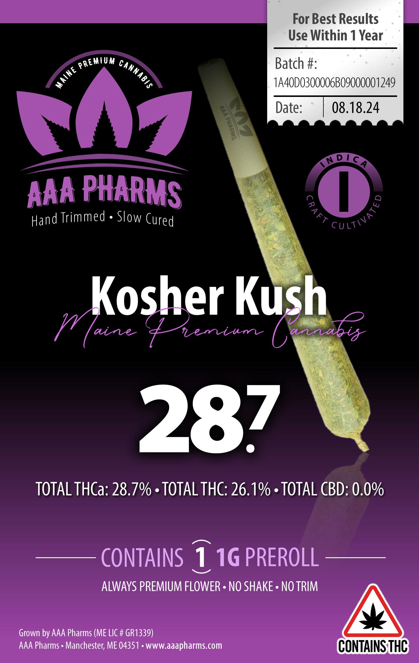 Kosher Kush - Pre Roll - AAA Pharms