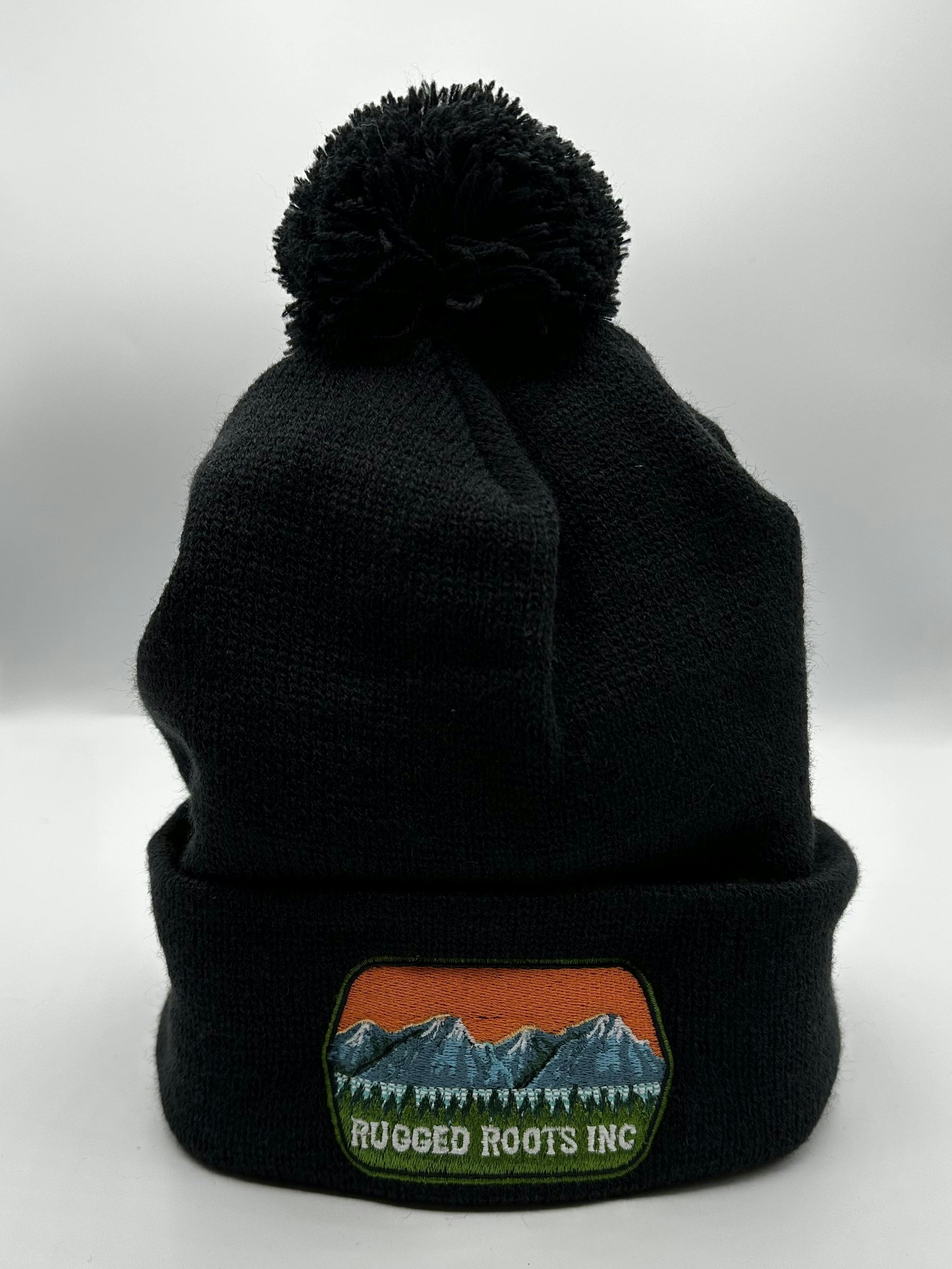 Rugged Roots | Black Beanie with Pom Pom Classic Logo - Rugged Roots