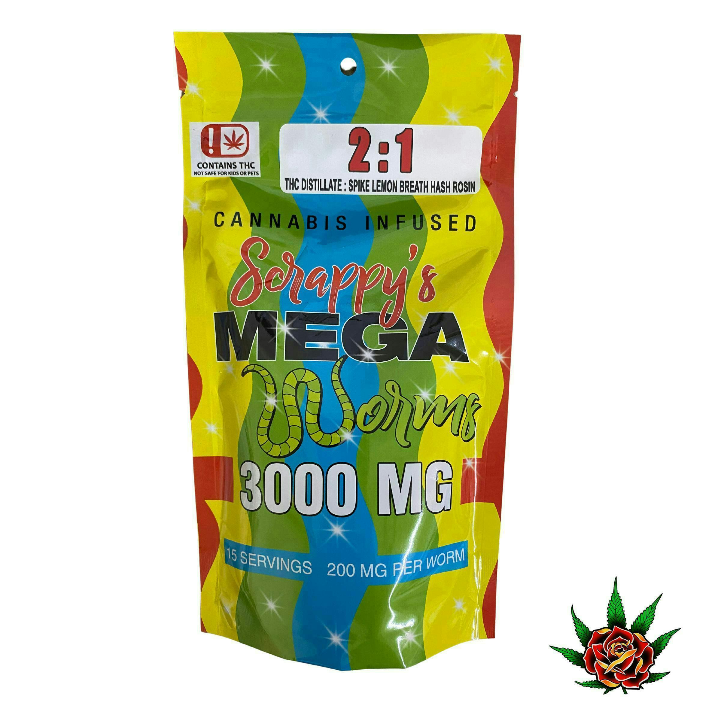 2:1 Scrappy's Mega Worms 3,000mg Thc Distillate : Spike Lemon Hash Rosin - Eden Rose Processing