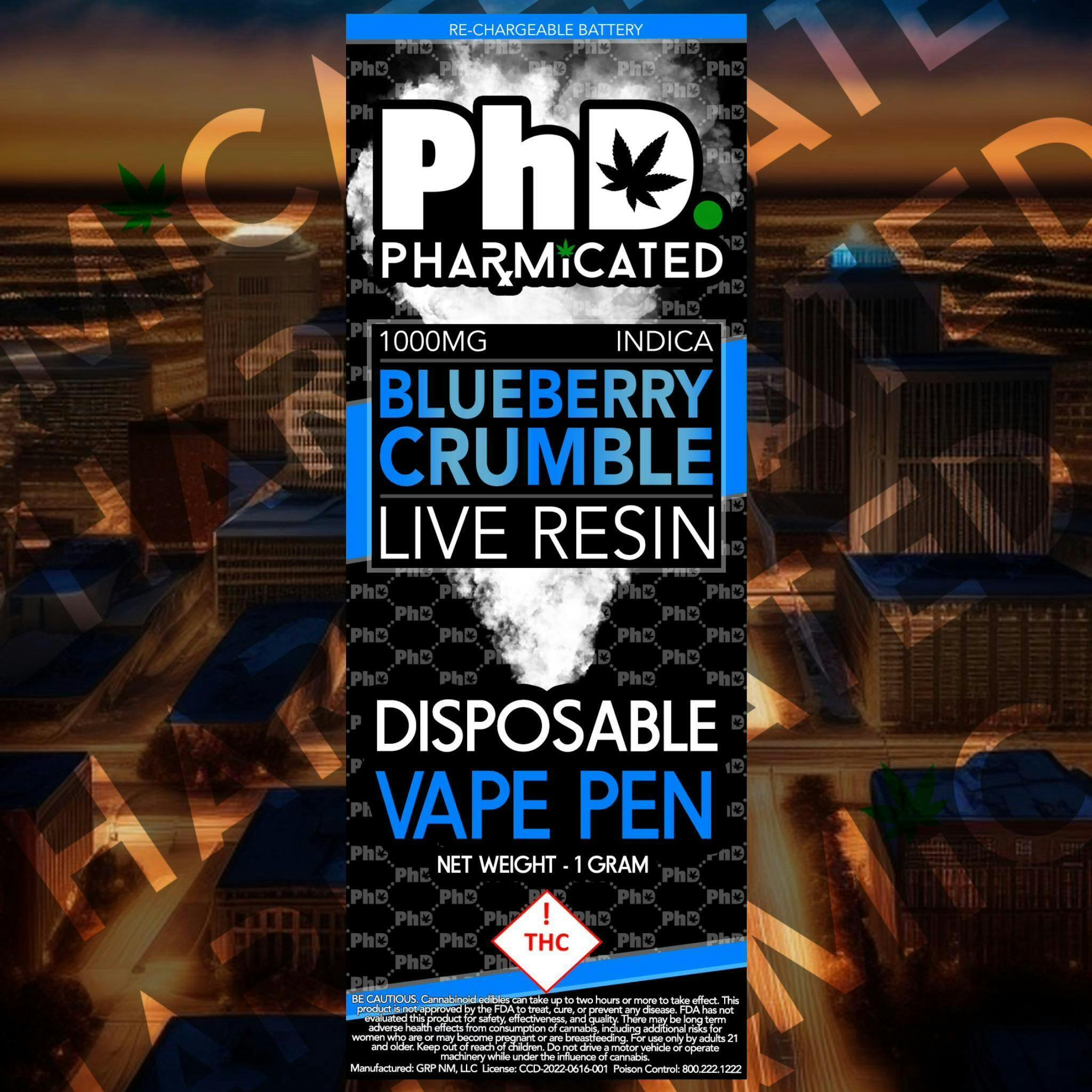Live Resin Vape - 1G Disposable - Blueberry Crumble (I) - Pharmicated