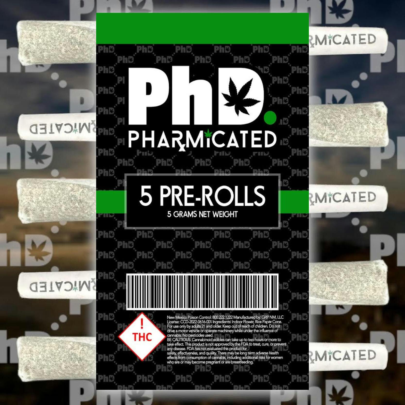 PhD Pre -Roll - 5 - 1G Box - Grape Gary (Indica) - Pharmicated