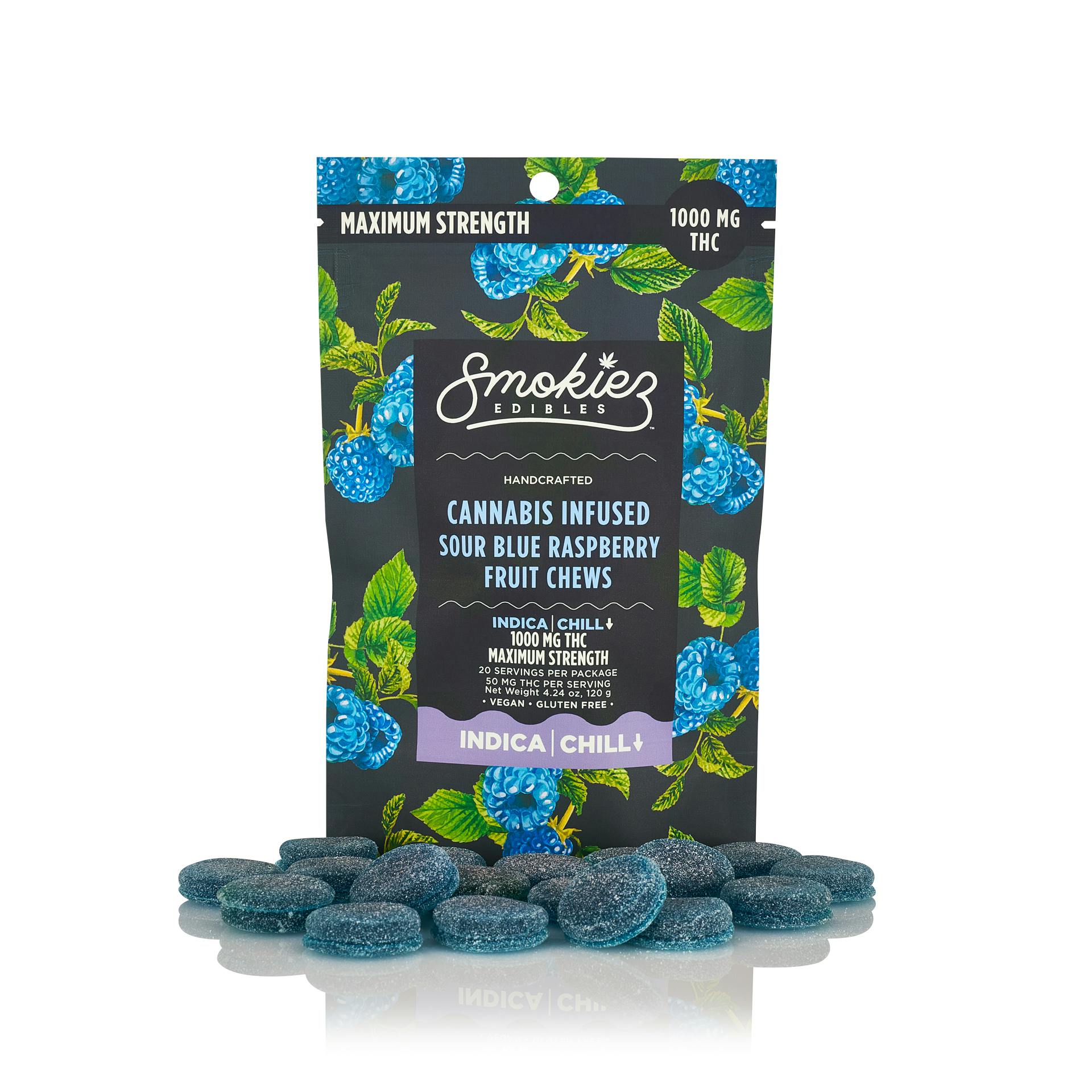 Sour Blue Raspberry Indica - Maximum Strength - 1000mg THC Fruit Chews ...