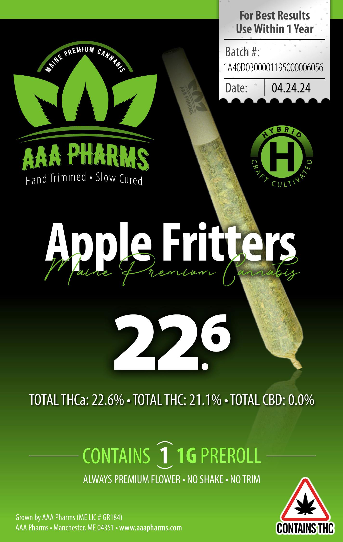 Apple Fritters - 1g Pre Roll - AAA Pharms