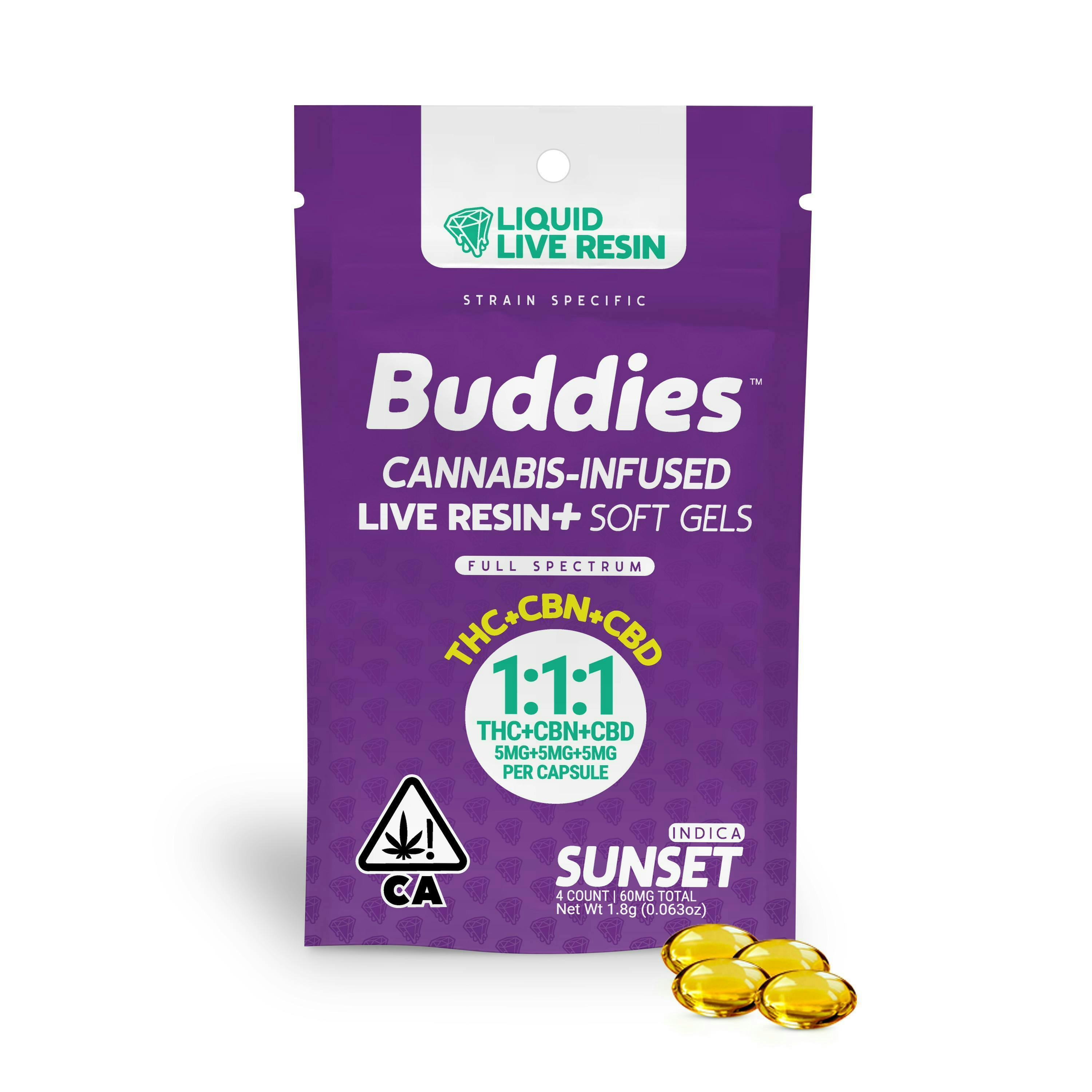 Live Resin Sunset THC/CBD/CBN 5mg:5mg:5mg Capsule 4pc - Buddies Brand