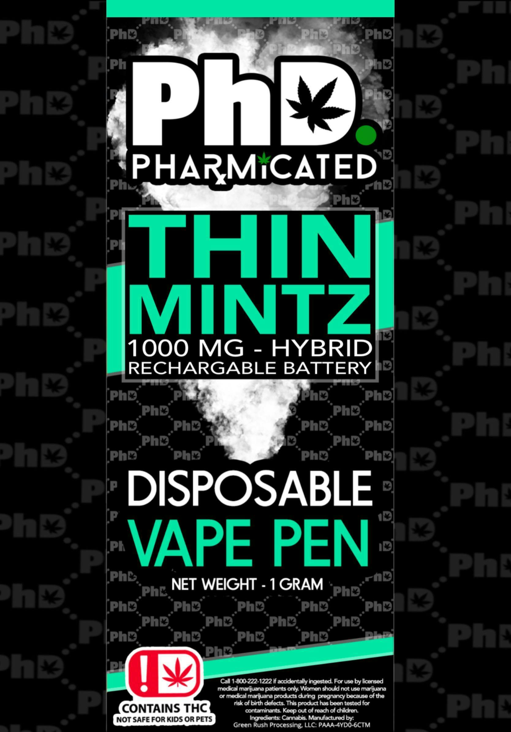 PhD Disposable D9 Vape Cart- 1000 mg - Thin Mintz (H) - Pharmicated